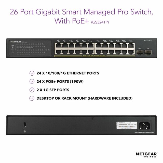 Netgear GS324TP — 24-Port Gigabit Ethernet PoE+ Smart Switch with 2 ...